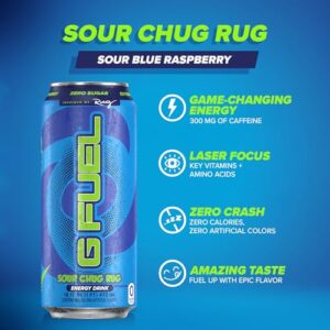 G Fuel Chug Rug Energy Drink, Sugar Free, Healthy Drinks, Zero Calorie, 300 mg Caffeine per Carbonated Can, Sour Blue Flavor, Focus Amino, Vitamin + Antioxidants Blend - 12 Pack