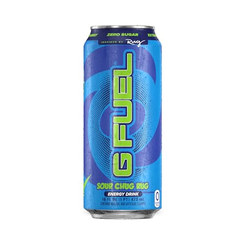 G Fuel Chug Rug Energy Drink, Sugar Free, Healthy Drinks, Zero Calorie, 300 mg Caffeine per Carbonated Can, Sour Blue Flavor, Focus Amino, Vitamin + Antioxidants Blend - 12 Pack