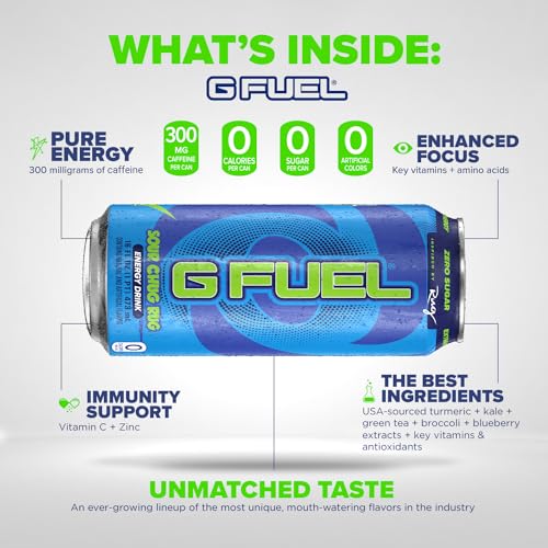 G Fuel Chug Rug Energy Drink, Sugar Free, Healthy Drinks, Zero Calorie, 300 mg Caffeine per Carbonated Can, Sour Blue Flavor, Focus Amino, Vitamin + Antioxidants Blend - 12 Pack