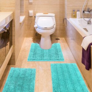 accumtek striped teal green bathroom rug set 3 pieces ultra soft, non slip chenille toilet mat, absorbent plush shaggy bath mats for bathroom, bedroom, kitchen, turquoise