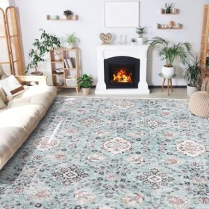 mcadore 8x10 area rugs washable boho rug, non slip carpet for living room, bedroom, kitchen, soft low-pile rug, turquoise green/floral