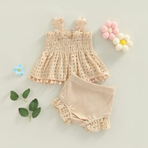 Newborn Baby Girls Clothes Sets Waffle Floral Print Sleeveless Bodysuits+Ruffles Drawstring Summer Shorts+Headband (Y-Apricot, 0-3 Months)