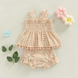 Newborn Baby Girls Clothes Sets Waffle Floral Print Sleeveless Bodysuits+Ruffles Drawstring Summer Shorts+Headband (Y-Apricot, 0-3 Months)