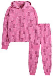 dkny girls' sweatsuit set - 2 piece fleece hoodie sweatshirt and jogger sweatpants (12m-16), size 10, wild orchid