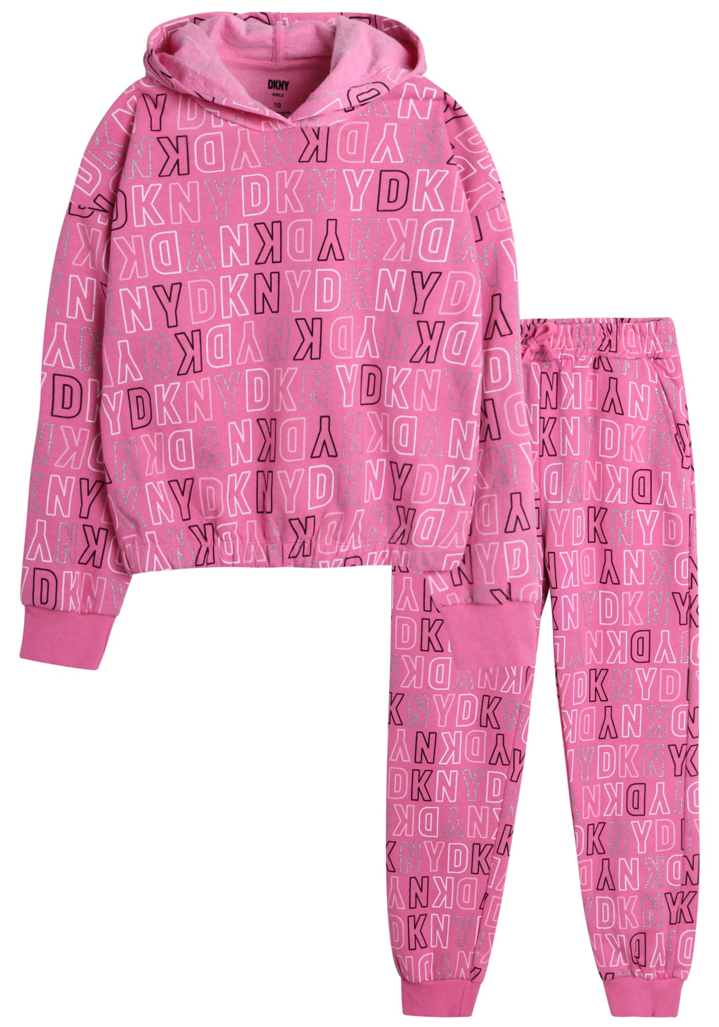 DKNY Girls' Sweatsuit Set - 2 Piece Fleece Hoodie Sweatshirt and Jogger Sweatpants (12M-16), Size 10, Wild Orchid