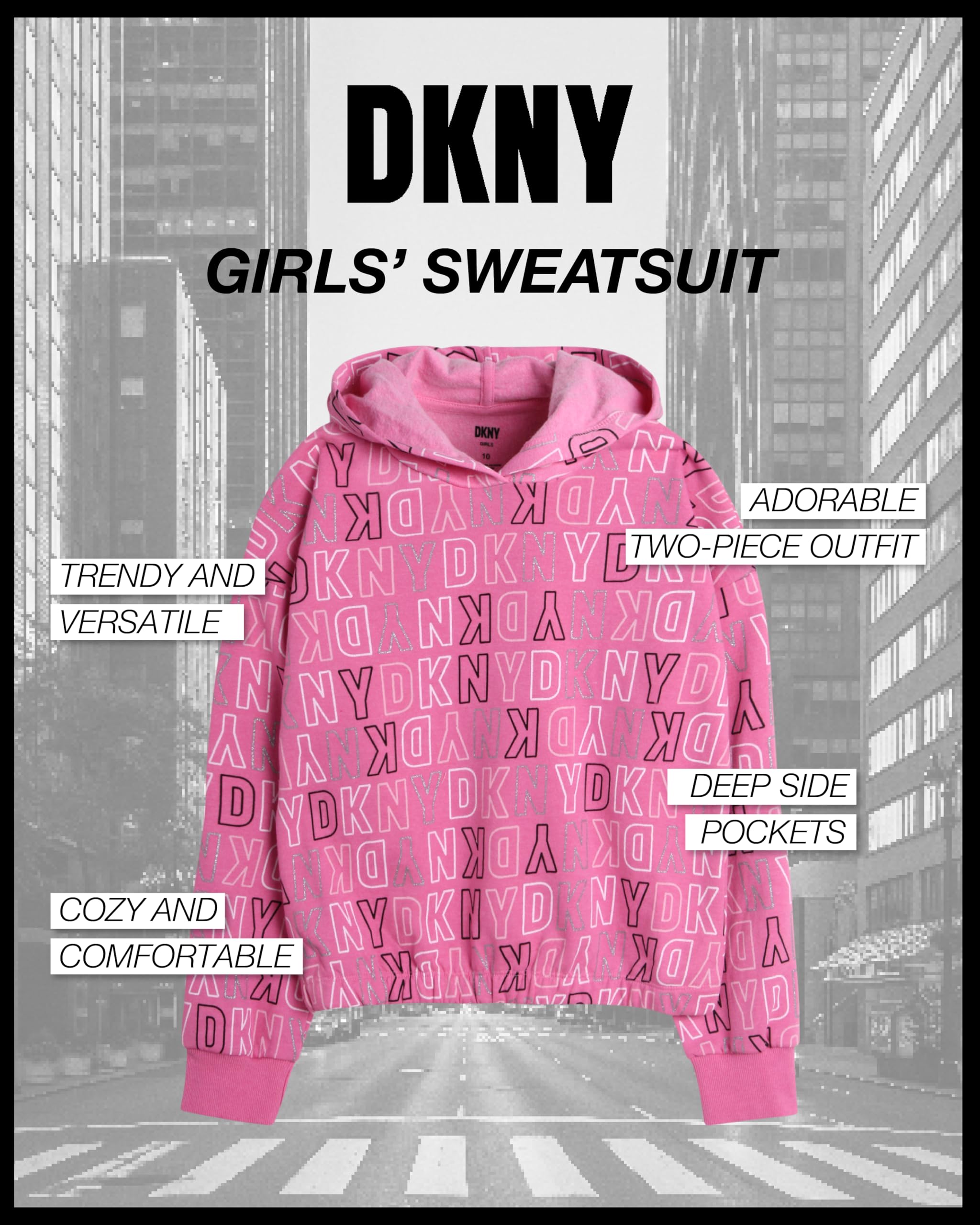 DKNY Girls' Sweatsuit Set - 2 Piece Fleece Hoodie Sweatshirt and Jogger Sweatpants (12M-16), Size 10, Wild Orchid