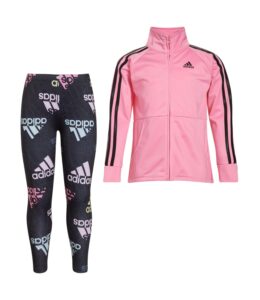 adidas girls' zip front classic tricot jacket and joggers set, bliss pink, 6 plus