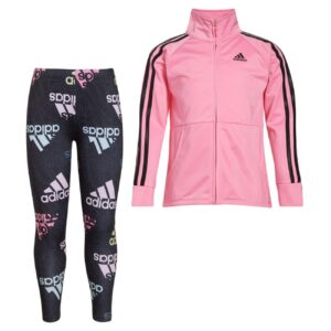 adidas Girls' Zip Front Classic Tricot Jacket and Joggers Set, Bliss Pink, 6 Plus