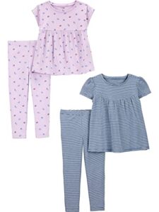 simple joys by carter's toddler girls' 4-piece short-sleeve shirts and pants playwear set, pack of 2, blue stripe/lilac fruit, 5t