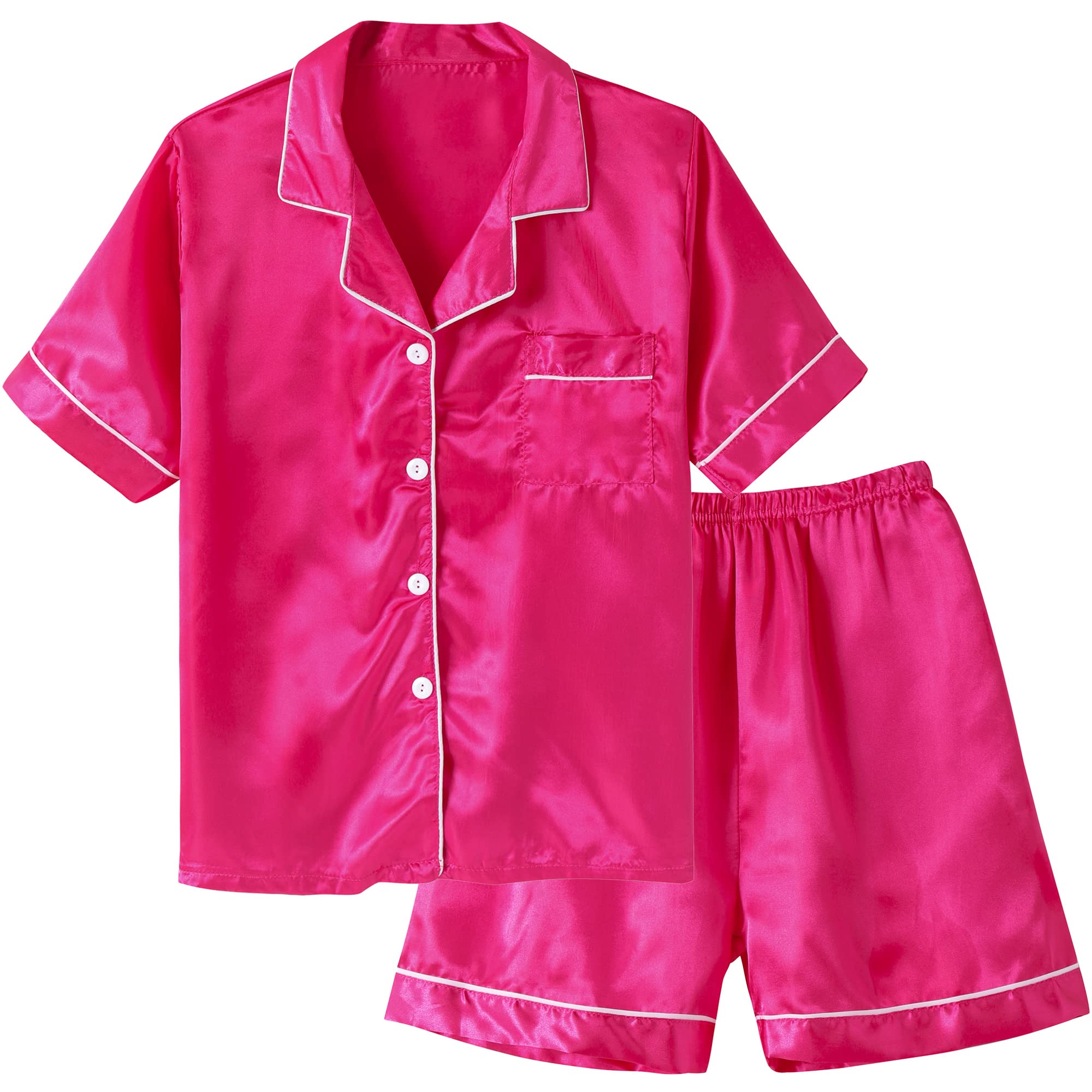 Vopmocld Big Kids Unisex Pjs Set Girls Boys Silk Pajama Sets Satin Clasic Sleepwear Summer 2 Pieces Button Down Nighty, Rose 10