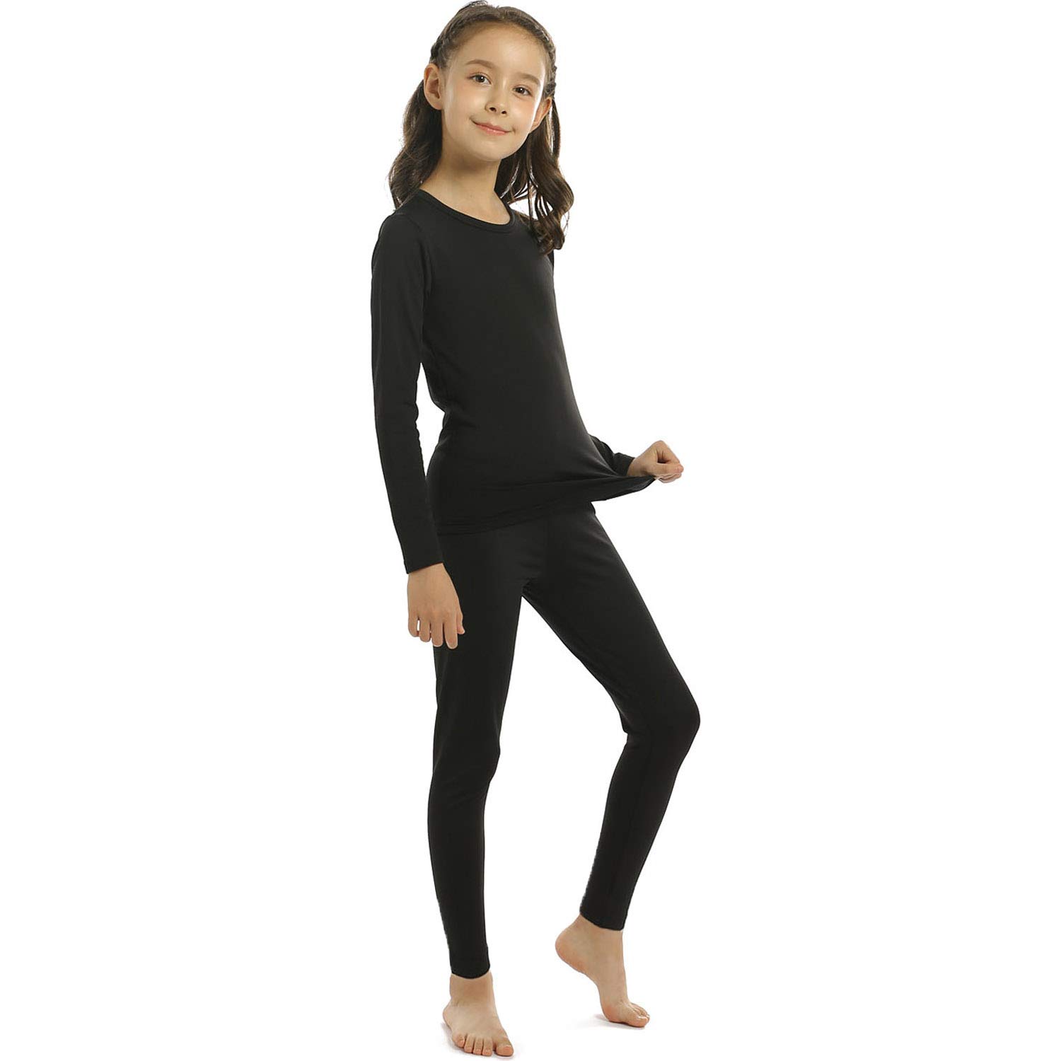 Girls Thermal Underwear Set Kids Long Johns Fleece Lined Base Layer Black X-Small