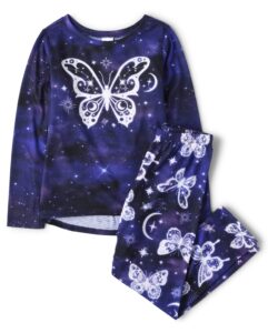 the children's place girls' long sleeve top and pants 2 piece pajamas sets, royal blue butterfly, large (10/12)