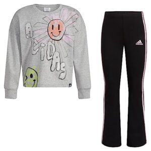 adidas girls 2-piece long sleeve graphic tee & flare pant set, medium grey heather, 4t