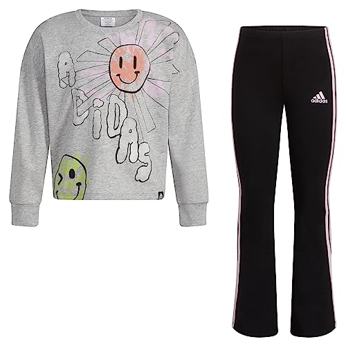 adidas Girls 2-Piece Long Sleeve Graphic Tee & Flare Pant Set, Medium Grey Heather, 4T