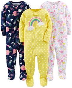 simple joys by carter's girls' 3-pack snug fit footed cotton pajamas, navy space/white dinosaur/yellow dots, 4t