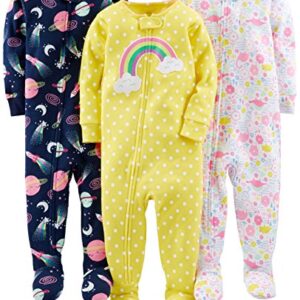 Simple Joys by Carter's Girls' 3-Pack Snug Fit Footed Cotton Pajamas, Navy Space/White Dinosaur/Yellow Dots, 4T