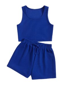 verdusa girl's 2 piece tracksuit sets workout crop tank top and short sets blue 11-12y