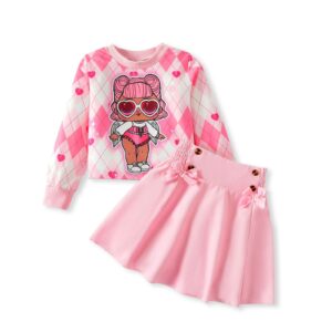 l.o.l. surprise! girl skirt set long sleeve letter print sweatshirt plaid/pink smocked skirt set 2pcs clothes set outfit pink 10-11 years