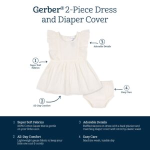 Gerber Baby Girls' 2 Piece Dress and Diaper Cover Set, Ivory, 12 Months