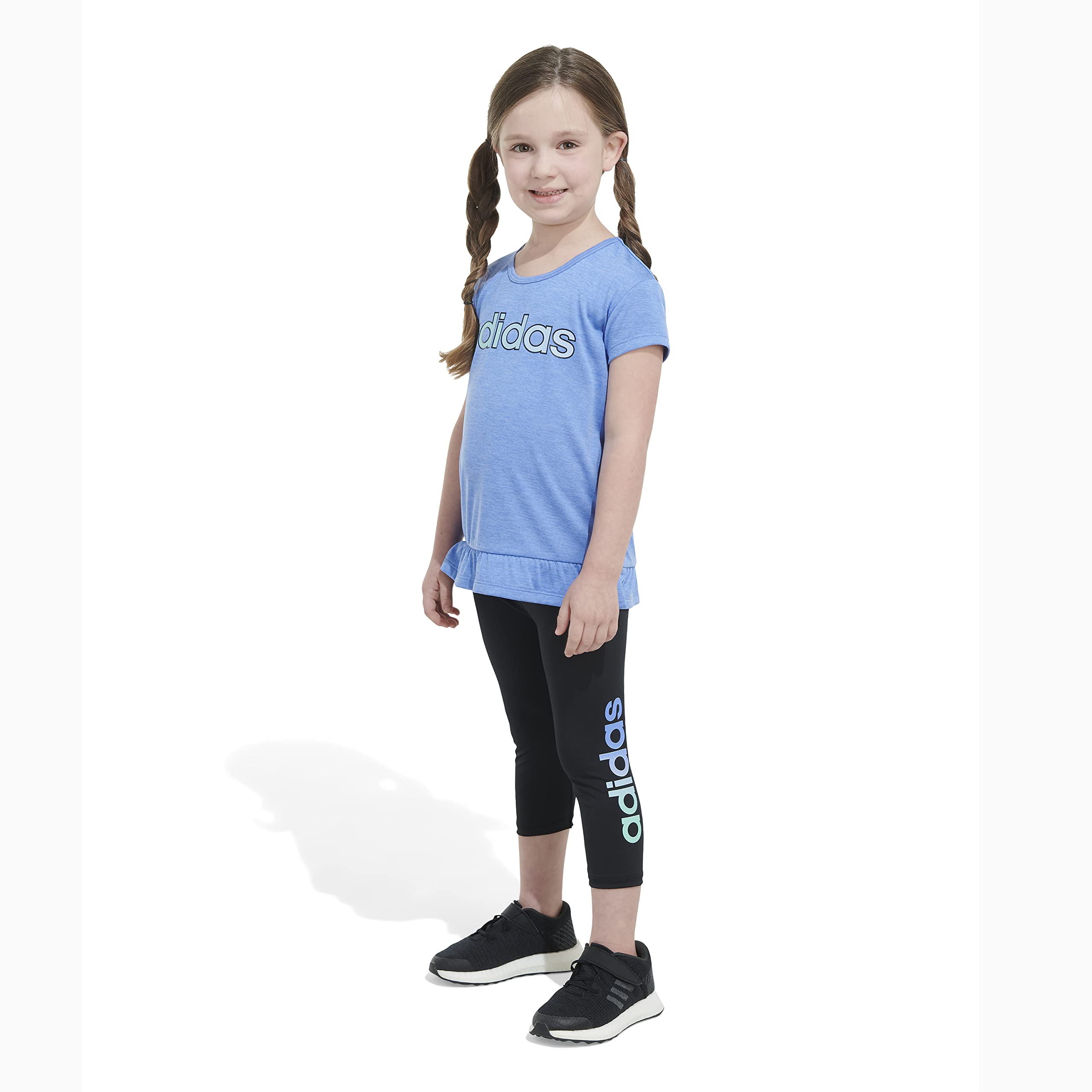 adidas Girls' 2-Piece Mélange Tee & Capri Tight Set, Blue Fusion Heather, 3T