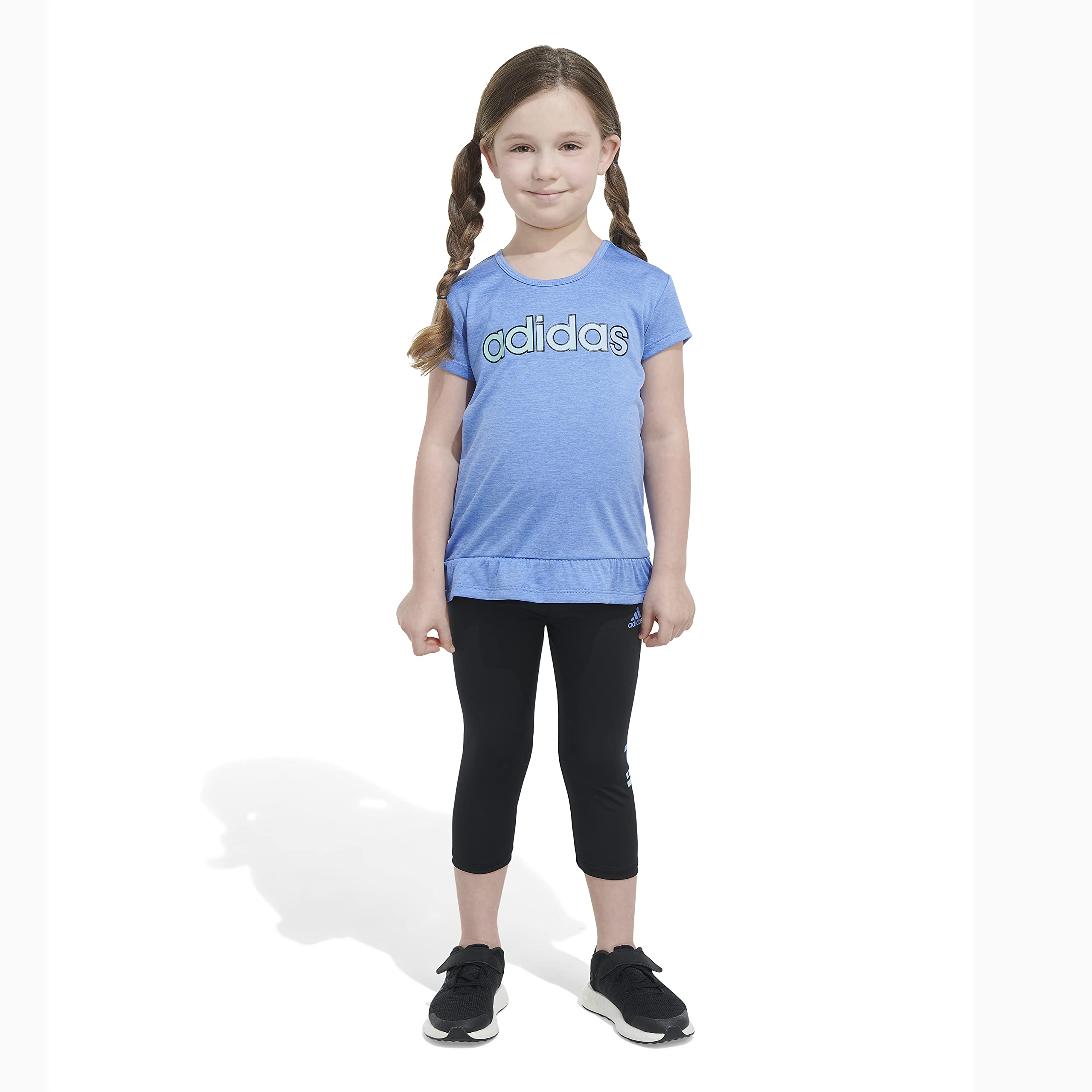 adidas Girls' 2-Piece Mélange Tee & Capri Tight Set, Blue Fusion Heather, 3T