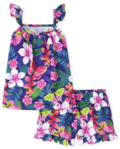 the children's place girls' sleeveless tank top and short 2 piece pajama set, tropical purple, medium