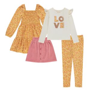 btween girls' 4-pack outfit: dress, skirt, tee, leggings, 95% cotton, 5% spandex, sizes 4-12