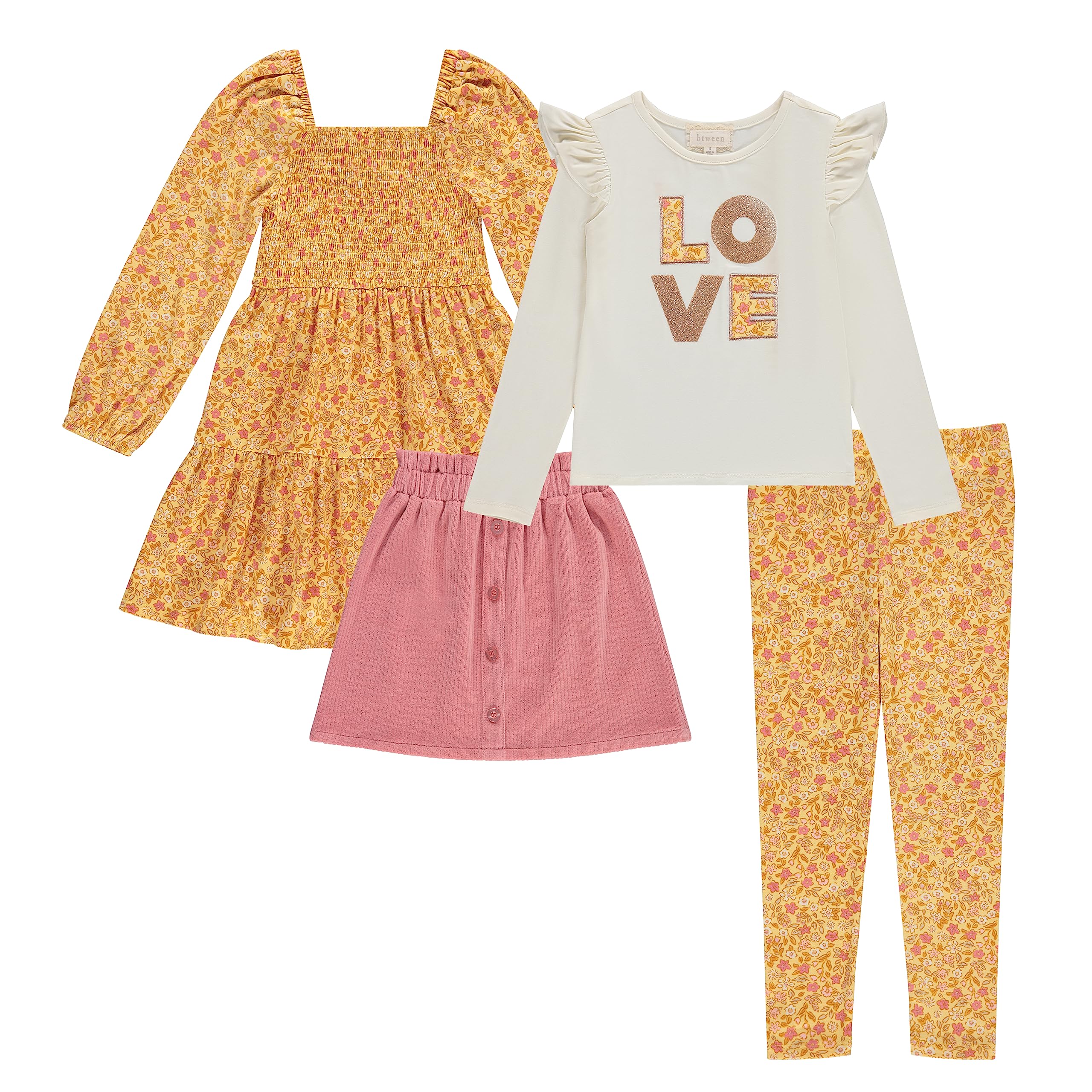 BTween Girls' 4-Pack Outfit: Dress, Skirt, Tee, Leggings, 95% Cotton, 5% Spandex, Sizes 4-12