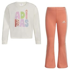 adidas girls 2-piece long sleeve graphic tee & flare pant set, chalk white, 2t