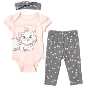 disney the aristocats marie newborn baby girls bodysuit pants and headband 3 piece outfit set gray/pink 0-3 months