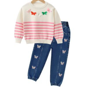 peacolate spring autumn 2-10 years little&big girl sweater and embroidered jeans 2pcs clothing set(pink white strips butterfly,4years)