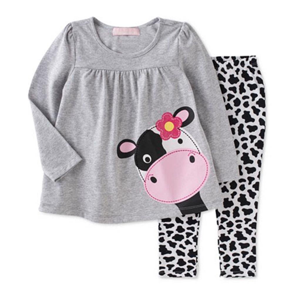 Coralup Little Girls 2-Piece T-Shirt & Pant Set(Cow) S4018(7T,Grey)