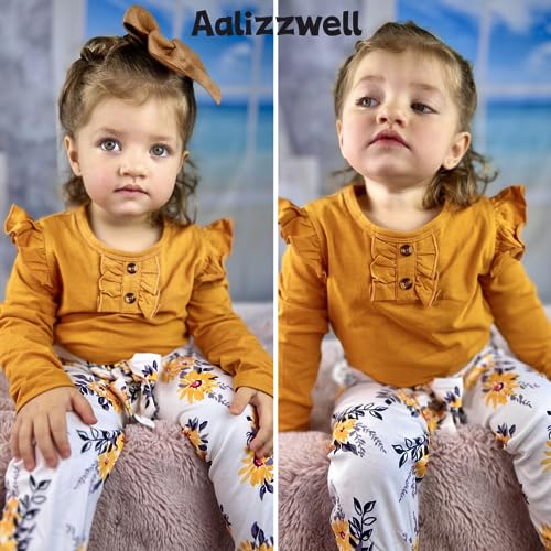 Aalizzwell Toddler Girls Clothes 3T, Little Fall Winter Long Sleeve Shirt Floral Pants Outfit Brown Clothing 3-4T