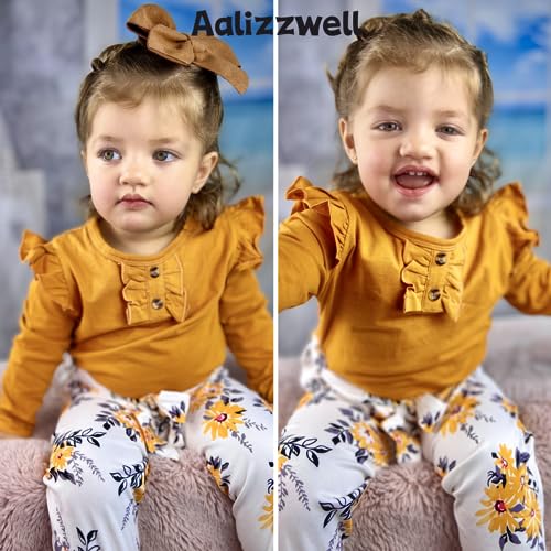 Aalizzwell Toddler Girls Clothes 3T, Little Fall Winter Long Sleeve Shirt Floral Pants Outfit Brown Clothing 3-4T