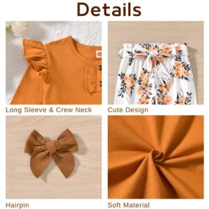 Aalizzwell Toddler Girls Clothes 3T, Little Fall Winter Long Sleeve Shirt Floral Pants Outfit Brown Clothing 3-4T