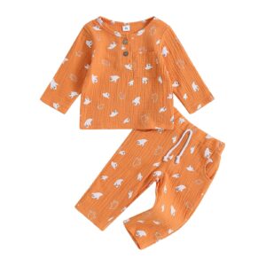 ktwharnu toddler baby boy girl halloween clothes pumpkin print cotton linen long sleeve buttons t-shirt drawstring pants set (orange, 6-12 months)