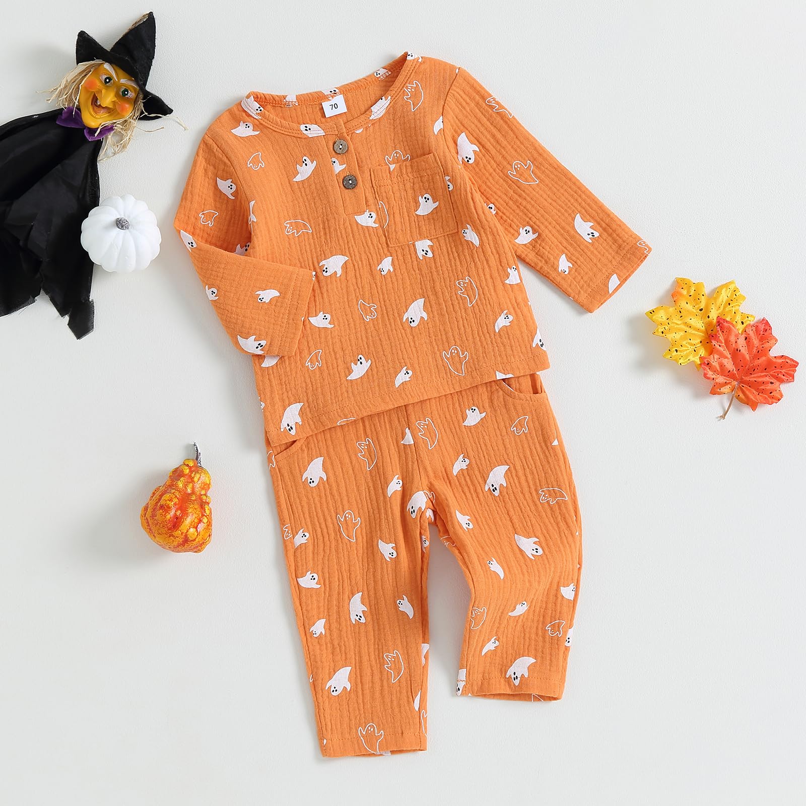 KtwHarnu Toddler Baby Boy Girl Halloween Clothes Pumpkin Print Cotton Linen Long Sleeve Buttons T-Shirt Drawstring Pants Set (Orange, 6-12 Months)