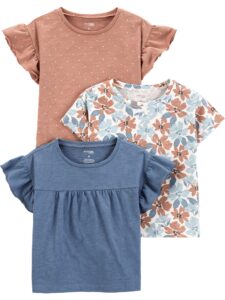 simple joys by carter's girls' short-sleeve shirts and tops, pack of 3, brown dots/denim/white floral, 7