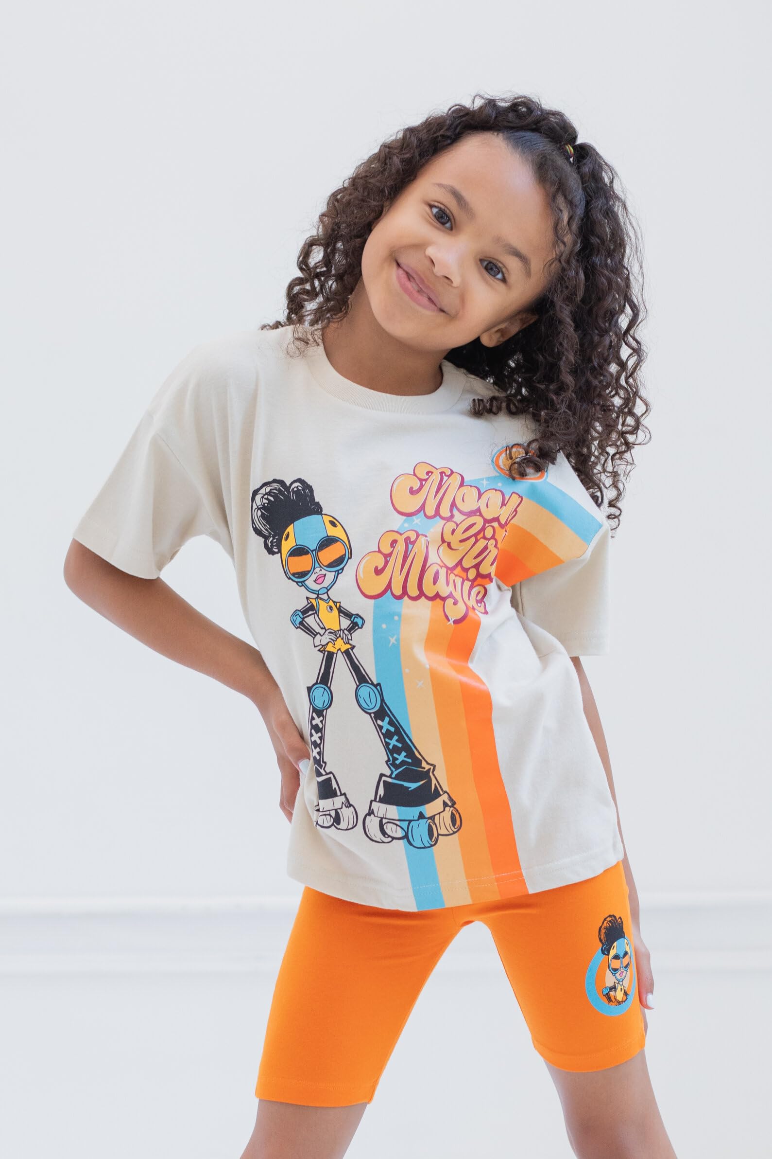 Marvel Moon Girl and Devil Dinosaur Big Girls Oversized Drop Shoulder T-Shirt & Bike Shorts Outfit Khaki/Orange 10-12