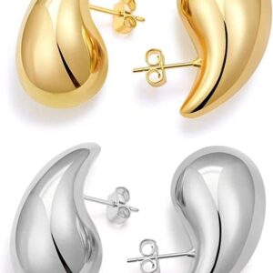 Teardrop Earring Set Dupes Lightweight Chunky Gold and Silver Hoop Earrings for Women.Water Droplets Hypoallergenic Earring Fashion Jewelry for Women Girls 2Pcs