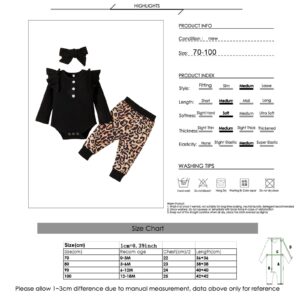 Newborn Baby Girl Clothes Infant Girls Outfits Long Sleeve Ruffle Romper + Leopard Print Pants + Headband Set Black 12-18months