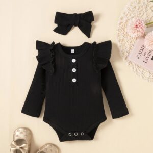 Newborn Baby Girl Clothes Infant Girls Outfits Long Sleeve Ruffle Romper + Leopard Print Pants + Headband Set Black 12-18months