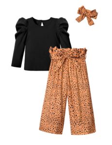 migu toddler girl clothes 4t-5t girls fashion clothes black round neck puff sleeves knitted shirt long sleeve top leopard print spotted pants headband 3pcs girls gifts set