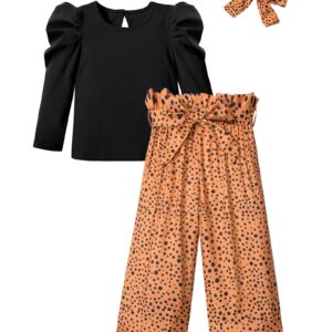 MIGU Toddler Girl Clothes 4T-5T Girls Fashion Clothes Black Round Neck Puff Sleeves Knitted Shirt Long Sleeve Top Leopard Print Spotted Pants Headband 3Pcs Girls Gifts Set