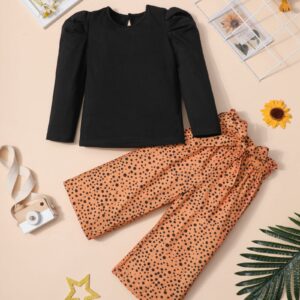 MIGU Toddler Girl Clothes 4T-5T Girls Fashion Clothes Black Round Neck Puff Sleeves Knitted Shirt Long Sleeve Top Leopard Print Spotted Pants Headband 3Pcs Girls Gifts Set