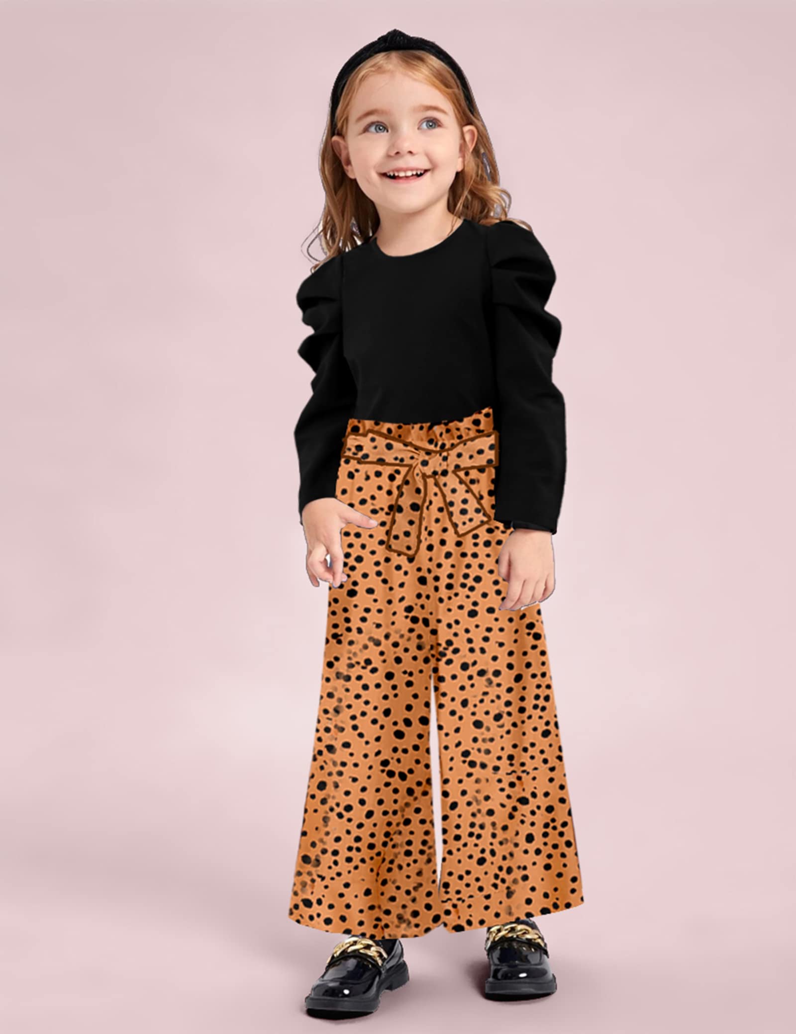 MIGU Toddler Girl Clothes 4T-5T Girls Fashion Clothes Black Round Neck Puff Sleeves Knitted Shirt Long Sleeve Top Leopard Print Spotted Pants Headband 3Pcs Girls Gifts Set