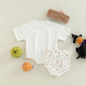 Rarjuiey Newborn Halloween Baby Girl Outfit Pumpkin Romper Short Sleeve Ruffle Shorts Sets Fall Clothes with Headband (White,3-6 Months)