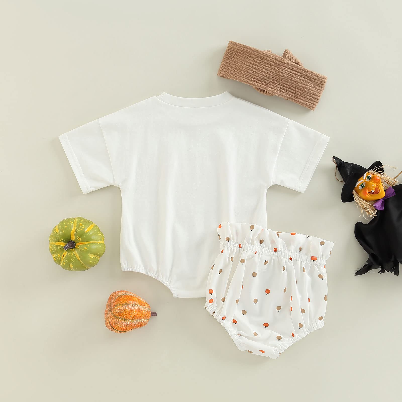 Rarjuiey Newborn Halloween Baby Girl Outfit Pumpkin Romper Short Sleeve Ruffle Shorts Sets Fall Clothes with Headband (White,3-6 Months)