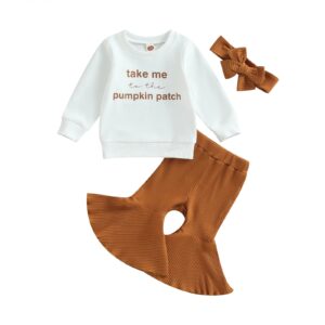 molgkyo toddler baby girl halloween clothes set long sleeve letter sweatshirt tops pumpkin bell bottom pants set fall outfits (a-b white, 2-3 years)