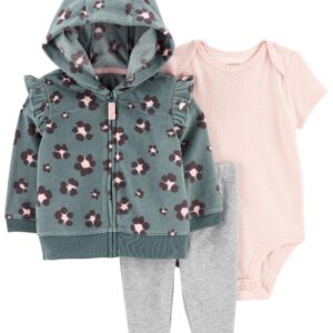 Carter's Baby Girls 3 Piece Bodysuit Pant Little Jacket Set (Grey Pink Leopard Teal, 18 Months)